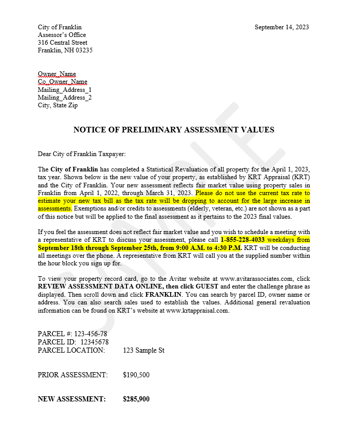 NOTICE OF PRELIMINARY ASSESSMENT VALUES | Franklin NH